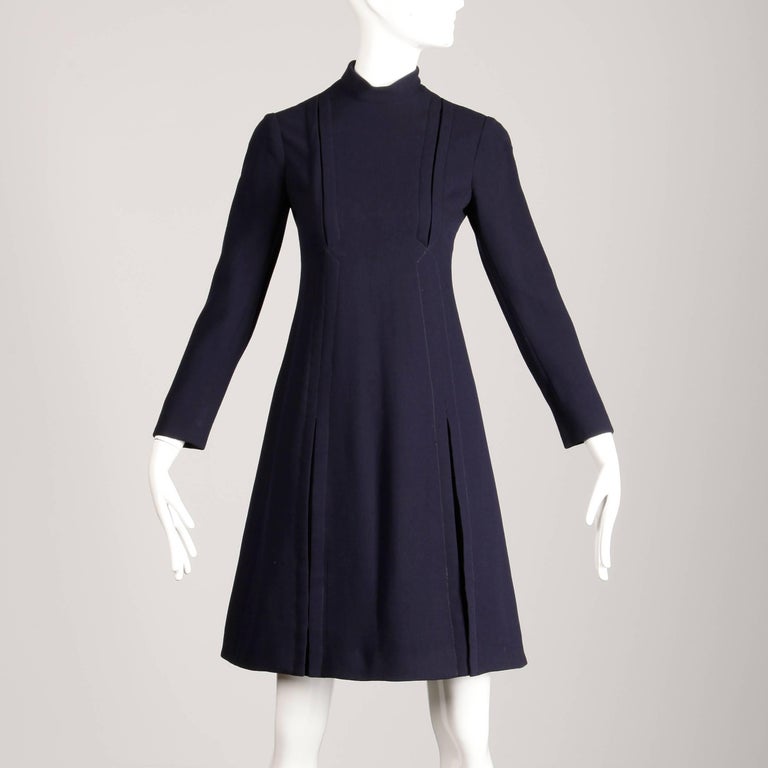 1960s Geoffrey Beene Vintage Navy Wool/ Silk Pleated Mod Dress with ...
