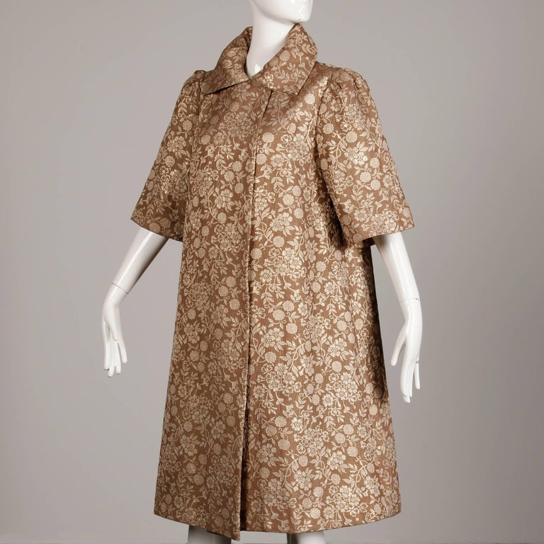 1960s Vintage Metallic Gold + Tan Silk Brocade Trapeze Opera Coat w/ 3/ ...