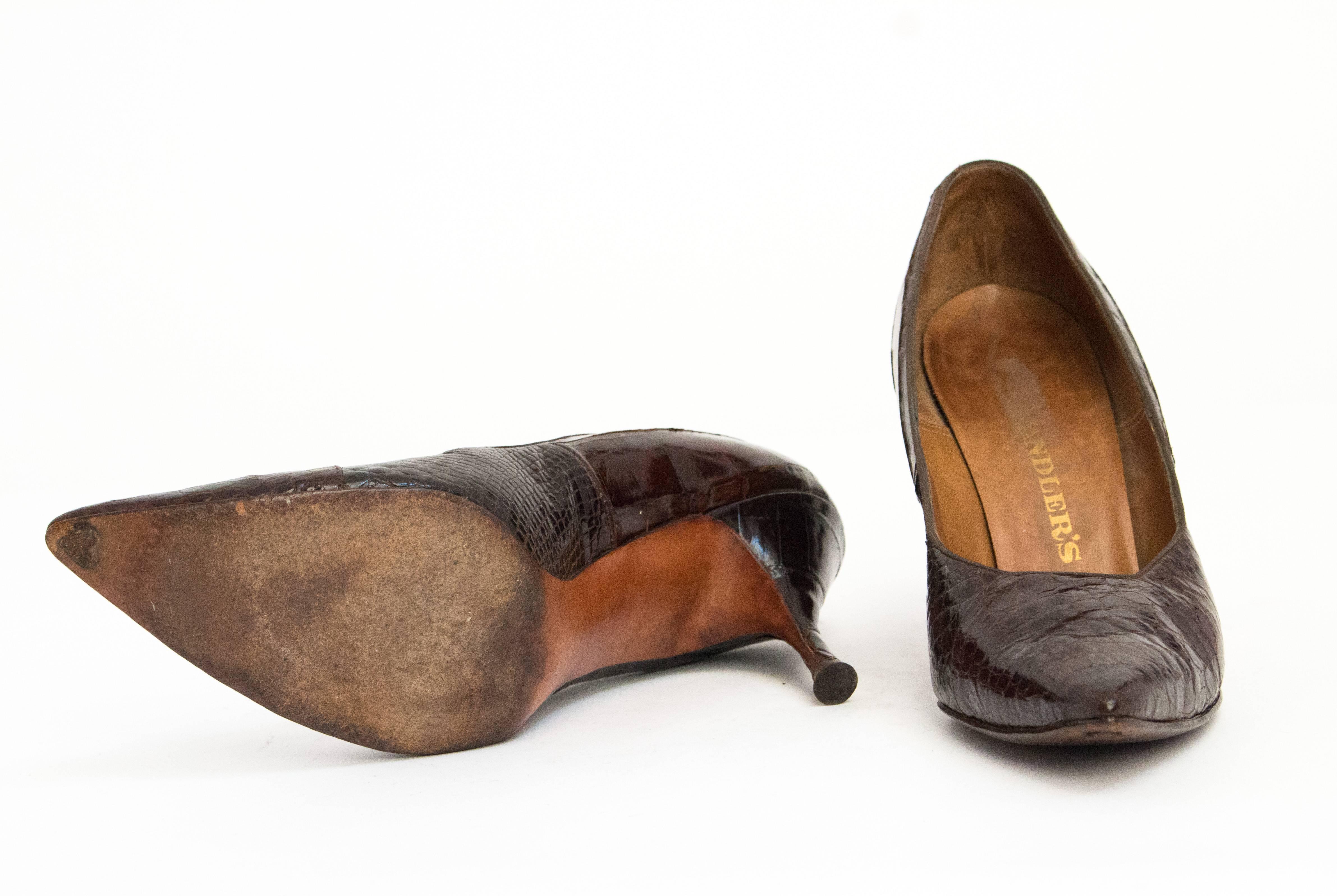 60s Chocolate Alligator Pointed Toe Stilettos For Sale at 1stDibs