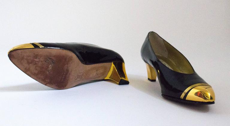 80s Black Patent Leather Heels with Gold Toe Caps ad Heels For Sale at ...
