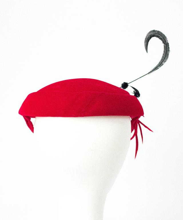 50s Red Velvet Cocktail Hat Adorned with Gems and Feathers at 1stDibs