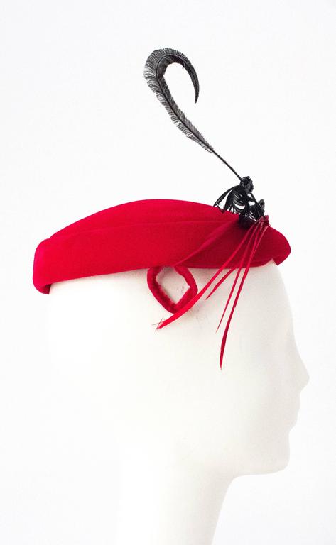 50s Red Velvet Cocktail Hat Adorned with Gems and Feathers at 1stDibs