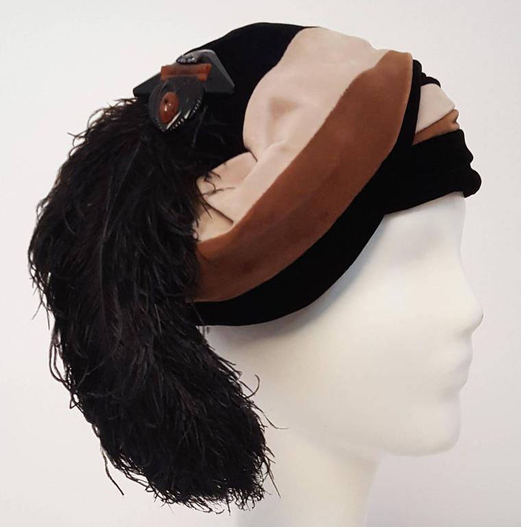 50s Velvet Hat Deco Glass Embellishment with Marabou Feather at 1stDibs