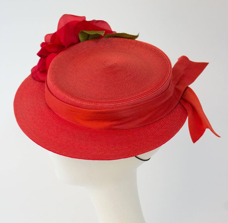 40s Red Straw Hat w/ Rose For Sale at 1stDibs | 40s hat, 40s straw hat