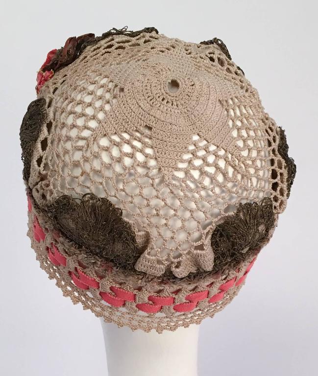 20s Juliet Cap w/ Brass Lace and Flower Side Detail For Sale at 1stDibs