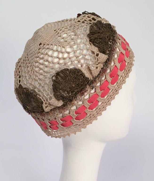 20s Juliet Cap w/ Brass Lace and Flower Side Detail For Sale at 1stDibs