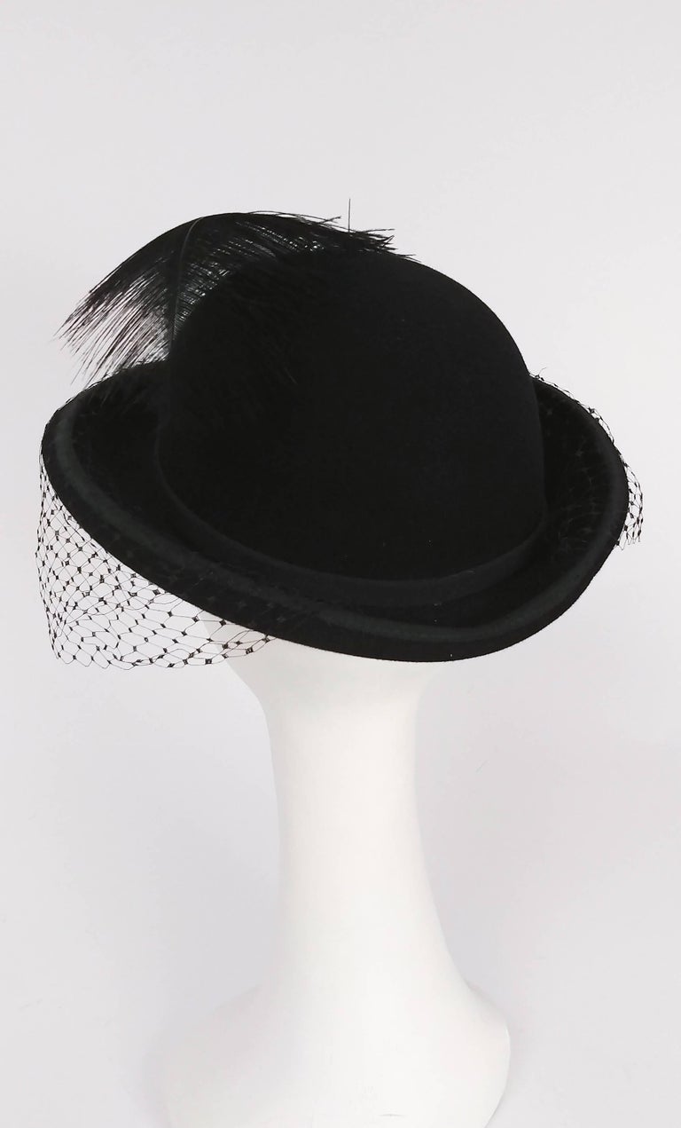 1960s Women's Bowler Hat w/ Veil and Feather at 1stDibs | bowler hat ...