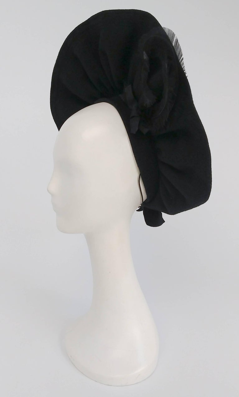 1940s Black Wool Ruffled Hat w/ Curled Feather at 1stDibs