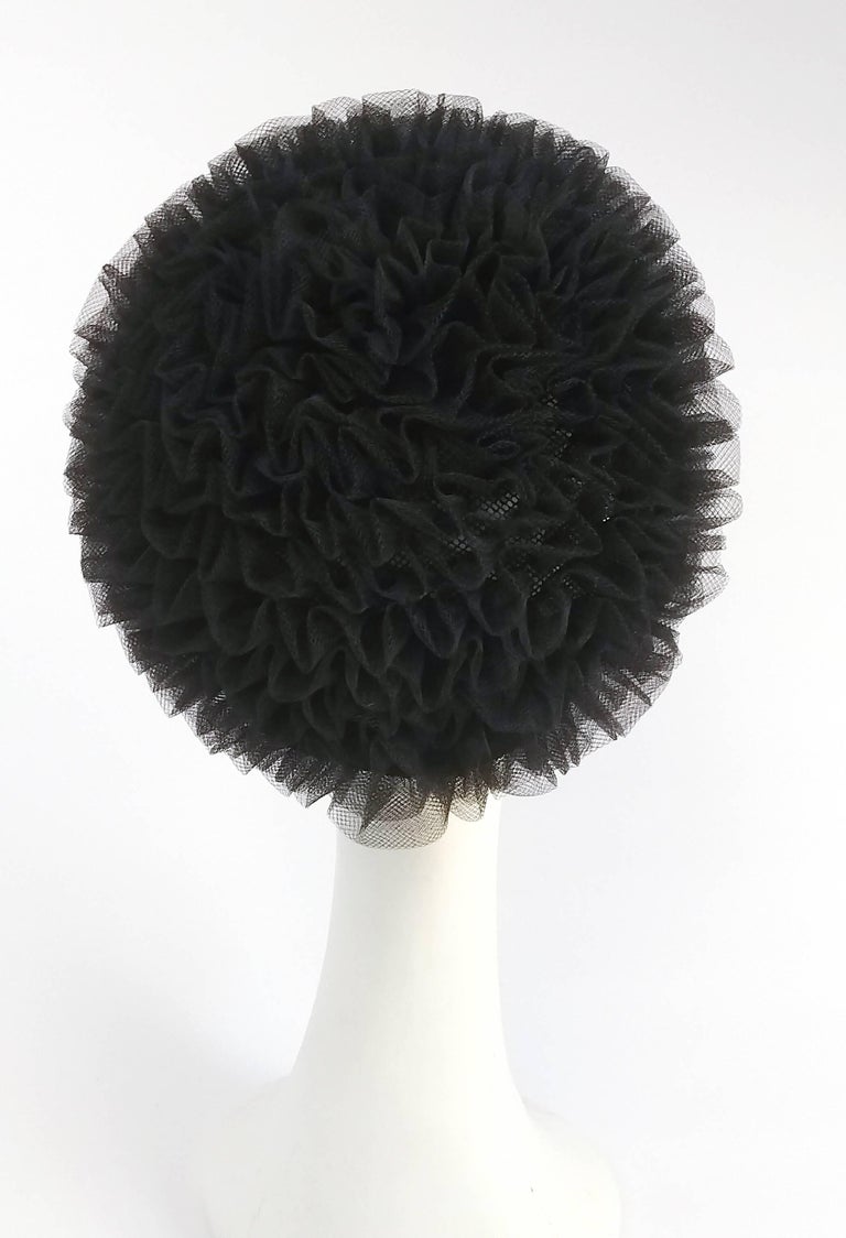 1960s Black Tulle Ruffled Hat w/ Velvet Front Bow For Sale at 1stDibs
