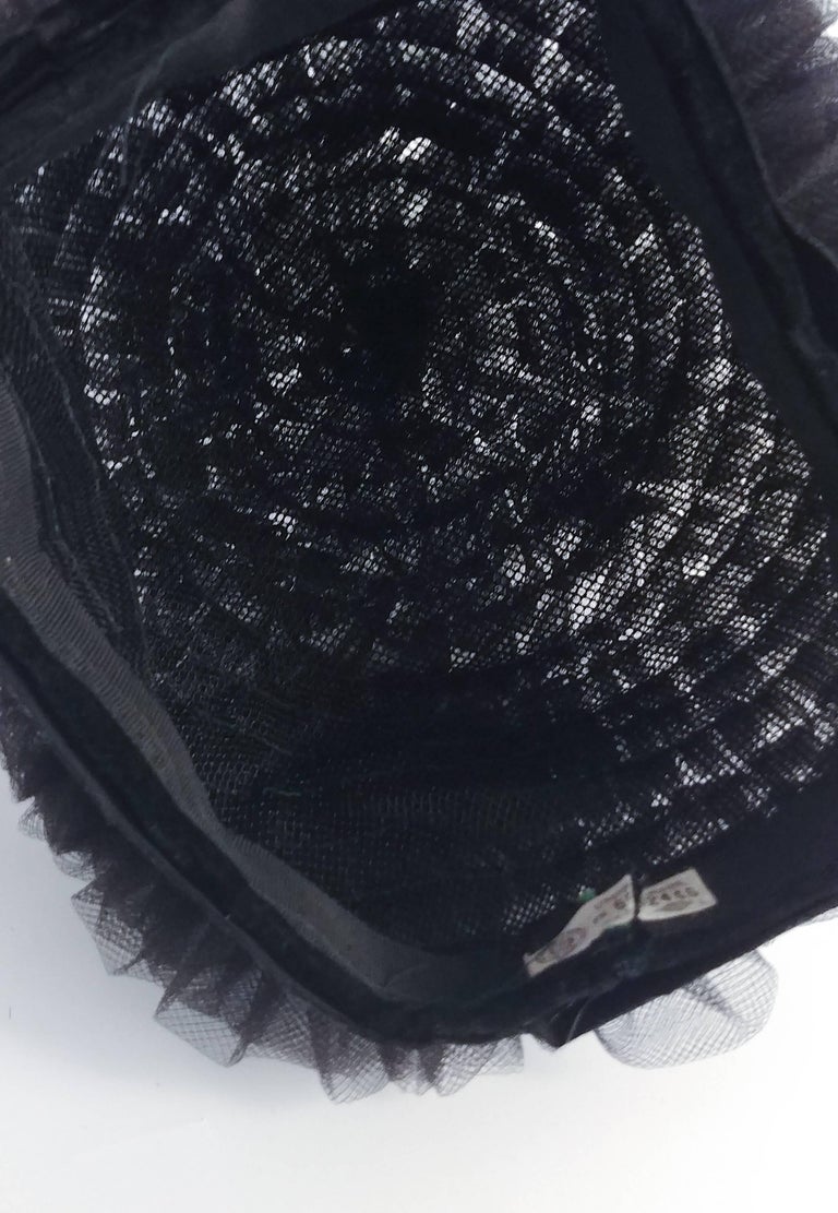 1960s Black Tulle Ruffled Hat w/ Velvet Front Bow For Sale at 1stDibs