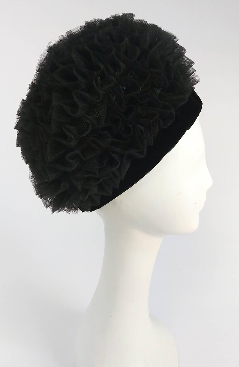 1960s Black Tulle Ruffled Hat w/ Velvet Front Bow For Sale at 1stDibs
