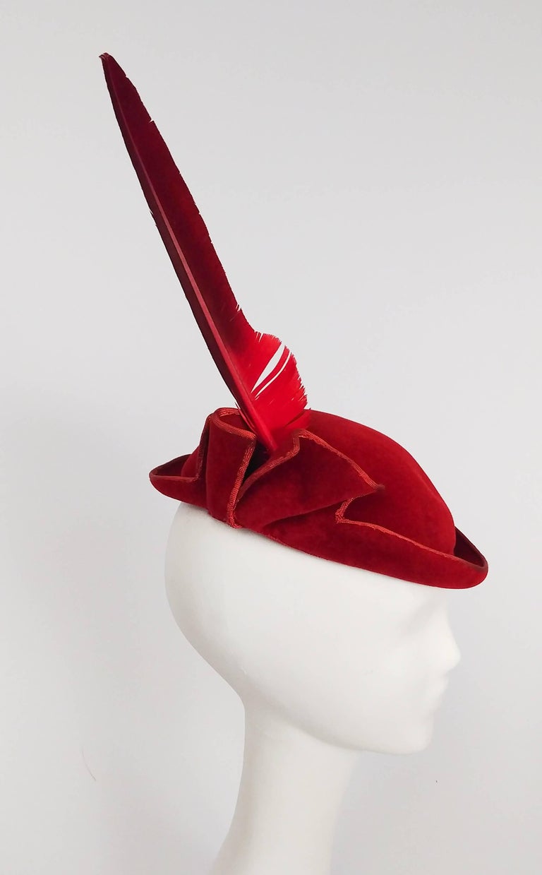 1930s Red Felt Ruffled Hat with Tall Feather at 1stDibs