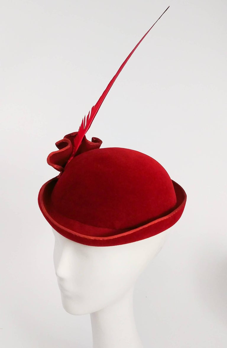 1930s Red Felt Ruffled Hat with Tall Feather at 1stDibs