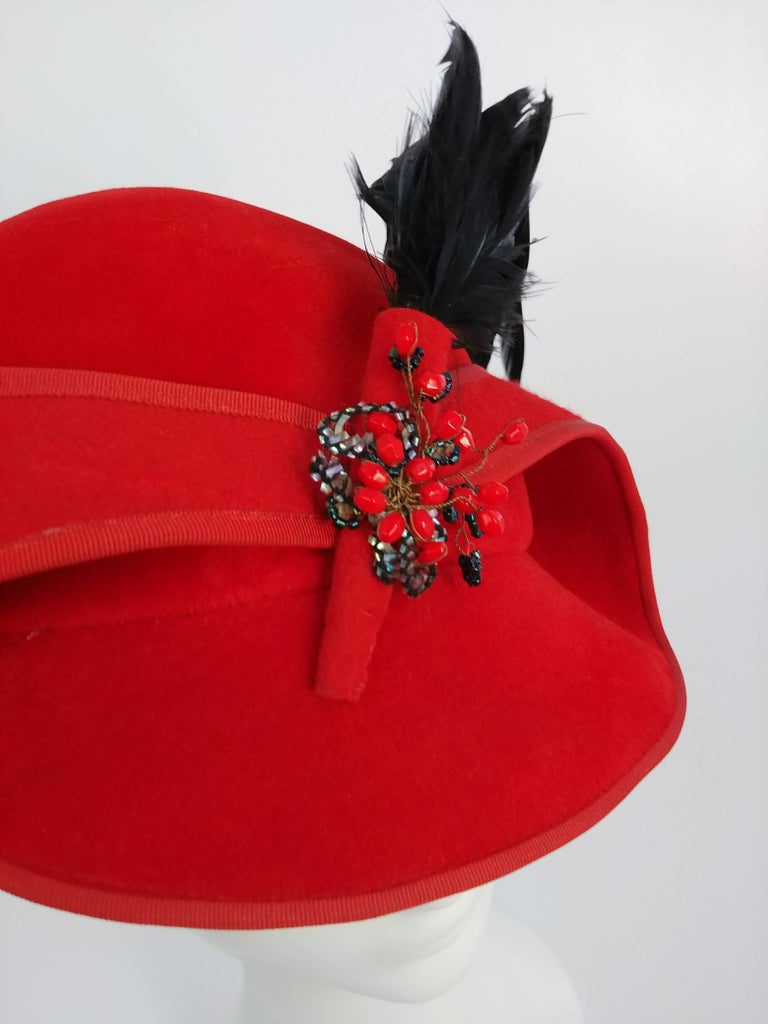 1930s Red Sculptural Velvet Hat with Black Feather For Sale at 1stDibs