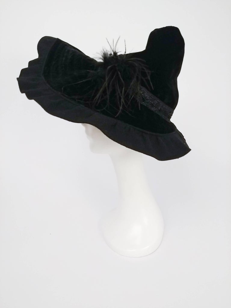 1940s Black Velvet Wide Brim Conical Hat at 1stDibs | black velvet hat