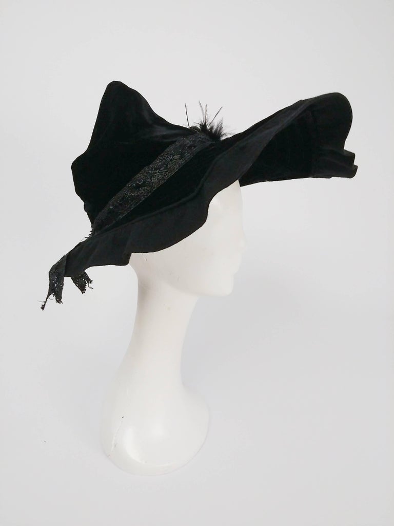 1940s Black Velvet Wide Brim Conical Hat at 1stDibs | black velvet hat
