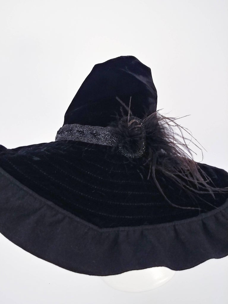 1940s Black Velvet Wide Brim Conical Hat at 1stDibs | black velvet hat
