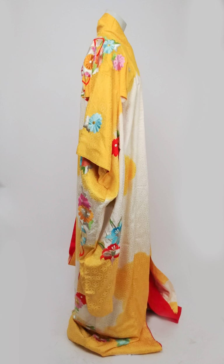 Flowers and Temari Yellow Silk Jacquard Kimono with Colorful Embroidery ...