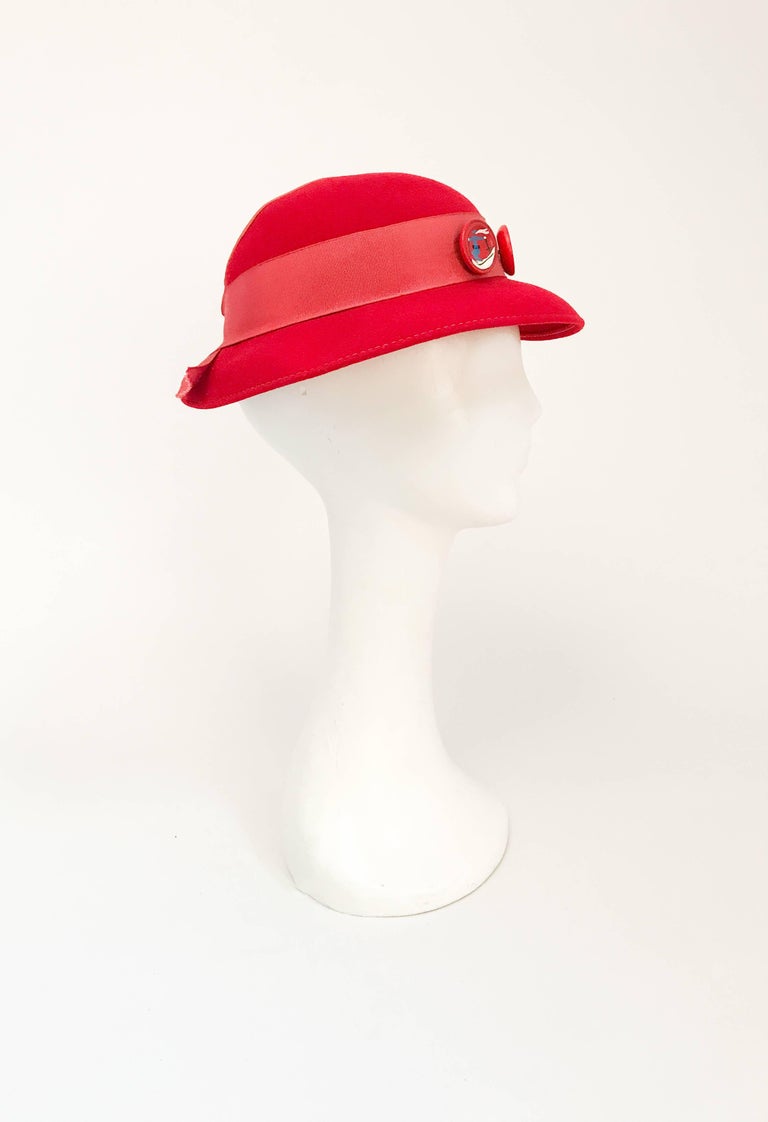 1930s Red Felt hat with Hand Painted Ski Buttons For Sale at 1stDibs