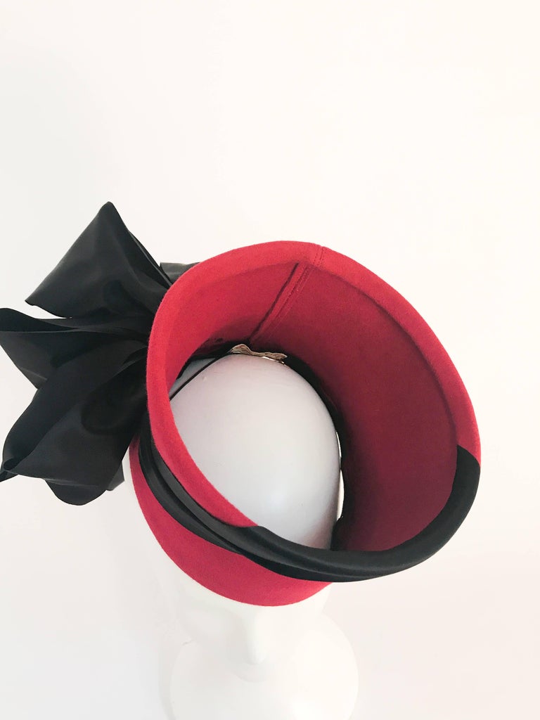 1940s Flora Weiler Rhubarb Red Tilt Hat with Satin Ribbon at 1stDibs