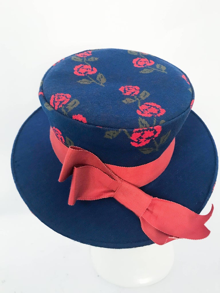 1960s Blue Woven Rose Boater Hat with Rust Hat Band and Bow For Sale at ...