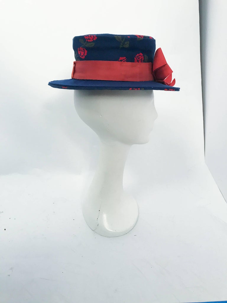 1960s Blue Woven Rose Boater Hat with Rust Hat Band and Bow For Sale at ...