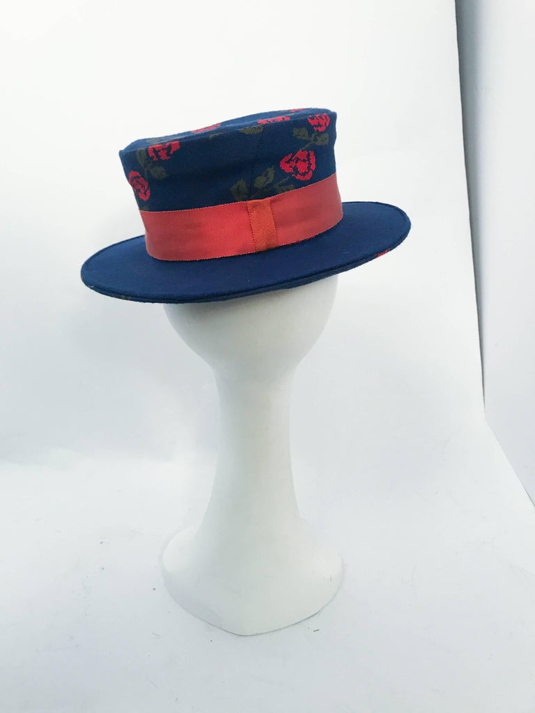 1960s Blue Woven Rose Boater Hat with Rust Hat Band and Bow For Sale at ...