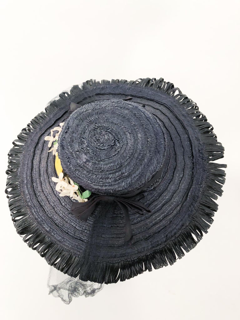 Navy Woven Raffia Cartwheel Hat, 1940s For Sale at 1stDibs