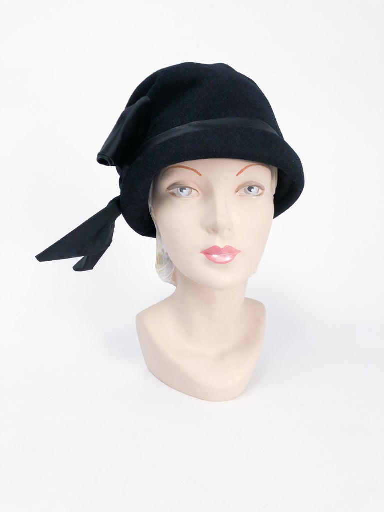 1960s Lilli Black Cashmere Cloche with Satin Charmeuse Bow and Band at ...