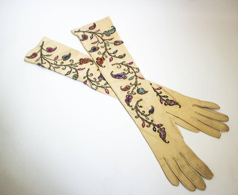 40s Opera Length Embroidered Kid Gloves with Sequins and Beads at 1stDibs
