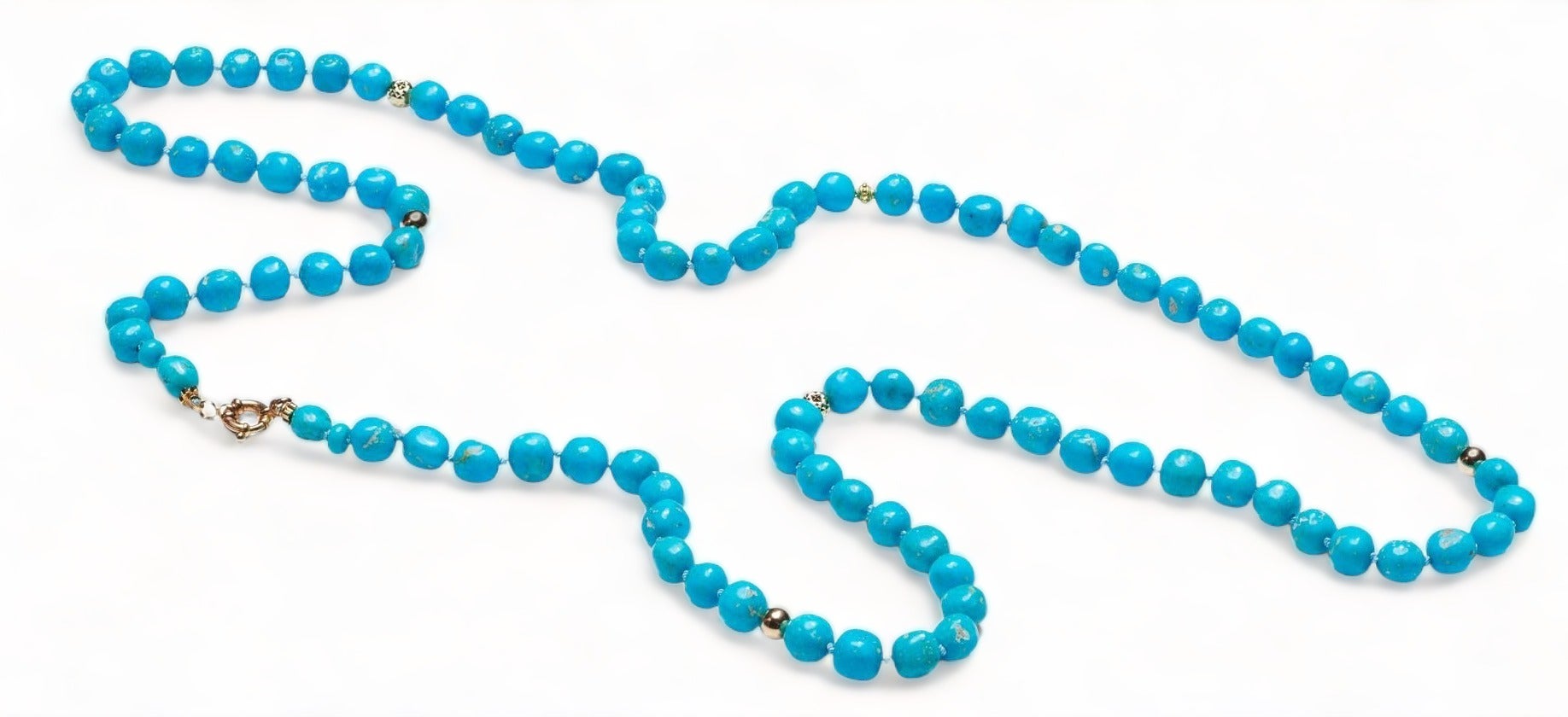 220 Carat Sleeping Beauty Turquoise Beaded Necklace in 14K Yellow Gold ...