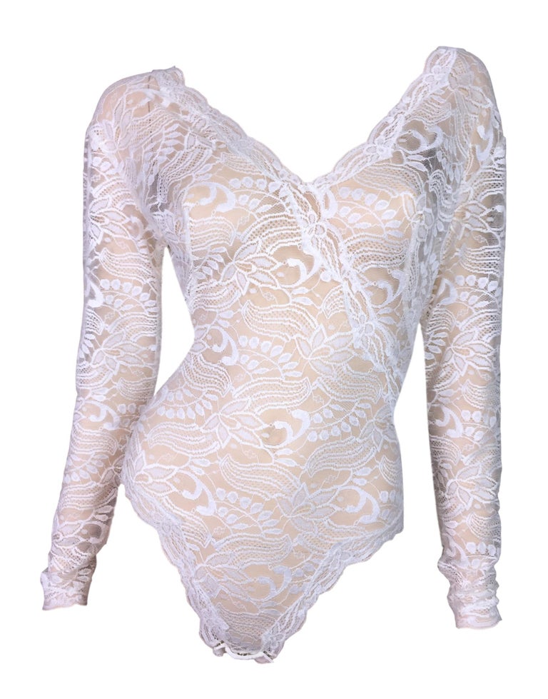 S S 1991 Gianni Versace Sheer Ivory Plunging Lace L S Bodysuit Top For