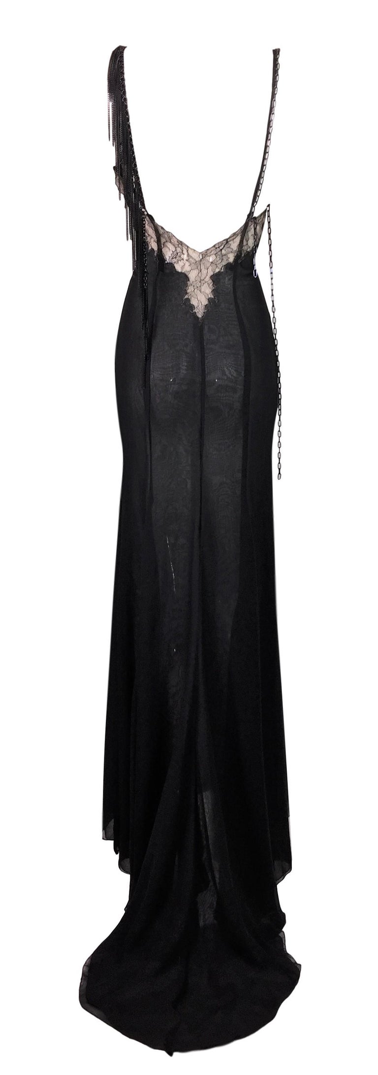 2004 Versace Black Sheer Plunging Chain Embellished Gown Dress w Train ...