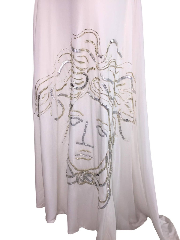 F/W 1999 Atelier Versace Sheer White Plunging Beaded Medusa Gown Dress ...