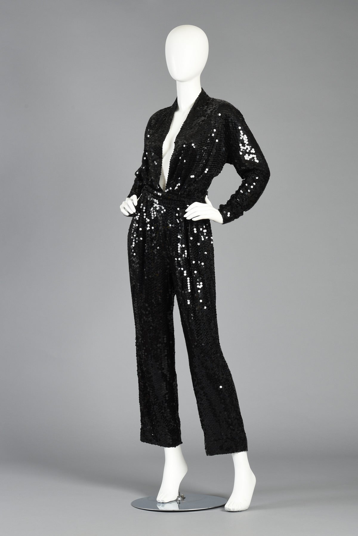 Darling Black Sequin Jumpsuit with Plunging Neckline at 1stDibs
