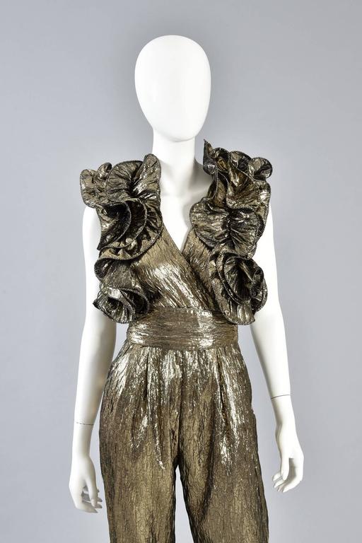 Killer 1980s Metallic Gold Lamé Avant Garde Ruffled Jumpsuit at 1stDibs