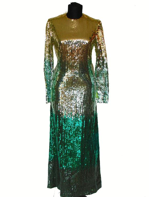 Bill Blass Metallic Sequins Emerald Ombre Evening Dress Gown 1970s Size