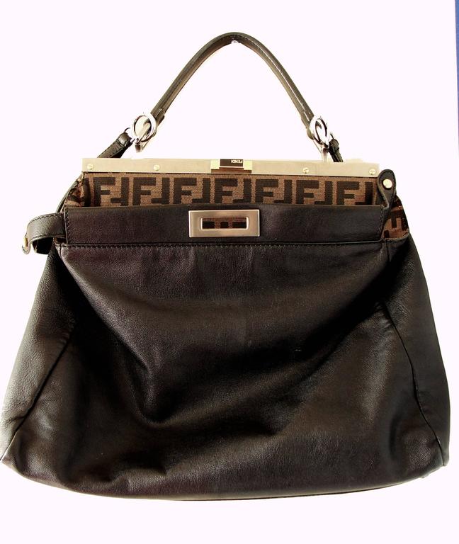 Iconic Fendi Large Black Leather Peekaboo Bag Tote Satchel with Zucca ...