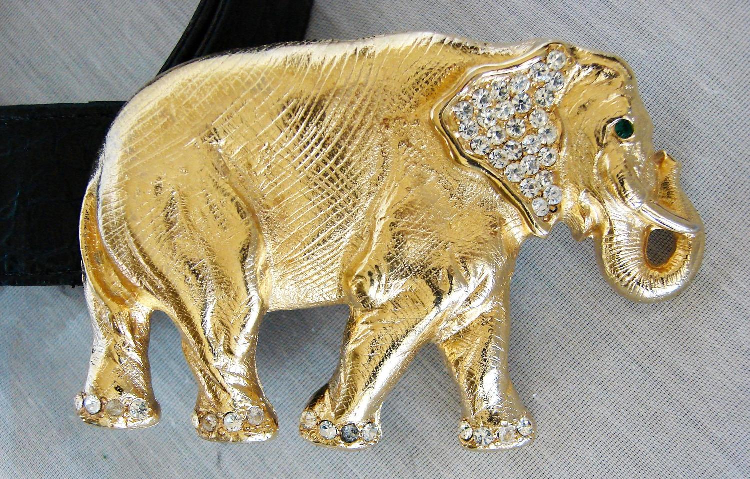 Gold Rhinestone Elephant Buckle + Black Leather Belt Strap Hattie ...