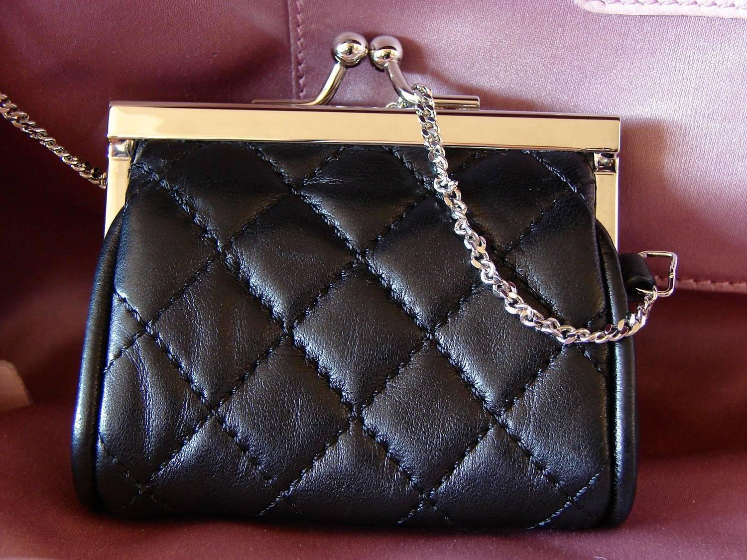 Chanel Black Lambskin Matelassé Clutch White Trim + Chain Coin Purse ...