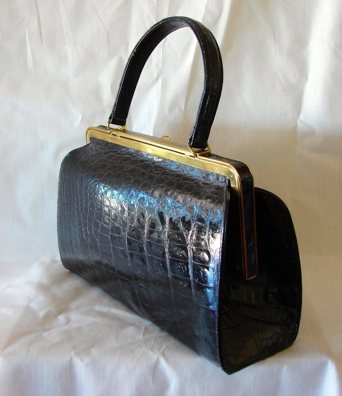 Vintage Black Exotic Crocodile Handbag Purse Lesco Lona 1960s Deadstock ...