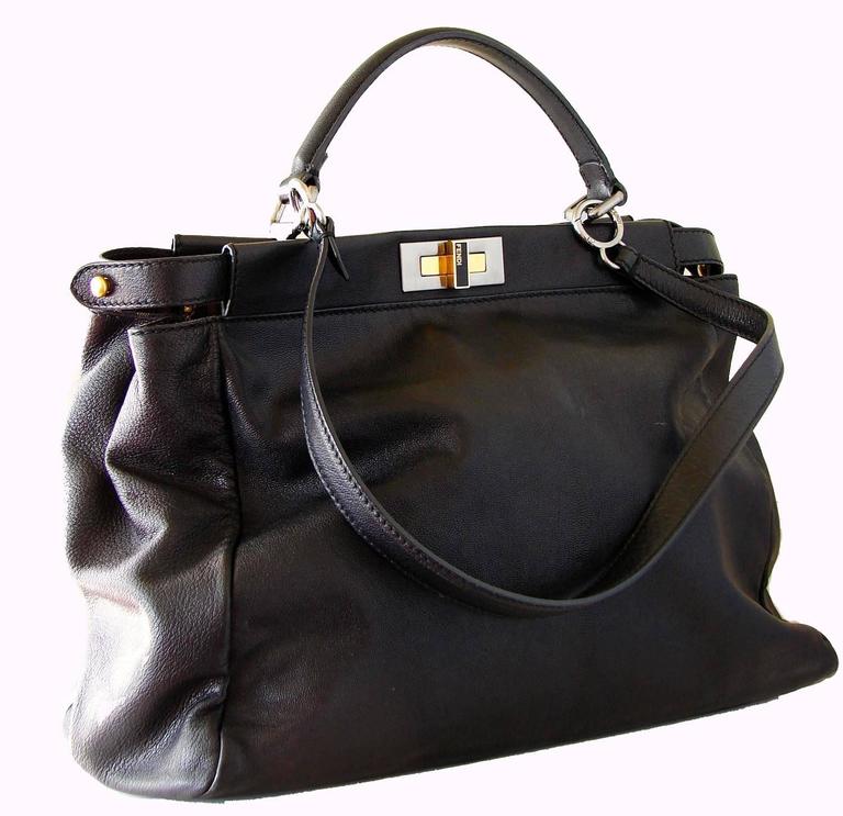 Iconic Fendi Large Black Leather Peekaboo Bag Tote Satchel with Zucca ...