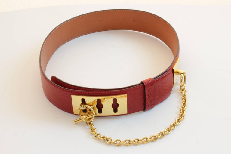 Celine Paris Red Leather Belt with Gold Chain Detail Size 65cm at ...