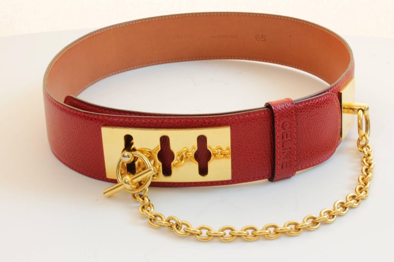 Celine Paris Red Leather Belt with Gold Chain Detail Size 65cm at ...