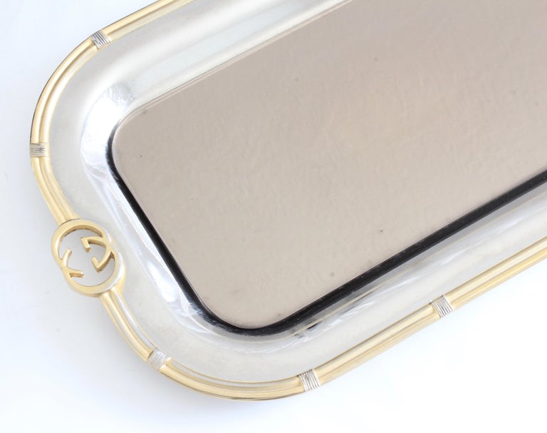 Rare Gucci Serving Tray GG Logo Rope Motif Silver Plate and Glass ...
