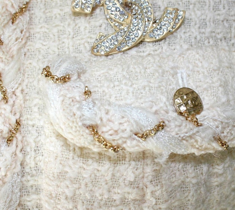 Classy Chanel Ivory Chain Braided Tweed CC Logo Button Jacket at 1stDibs