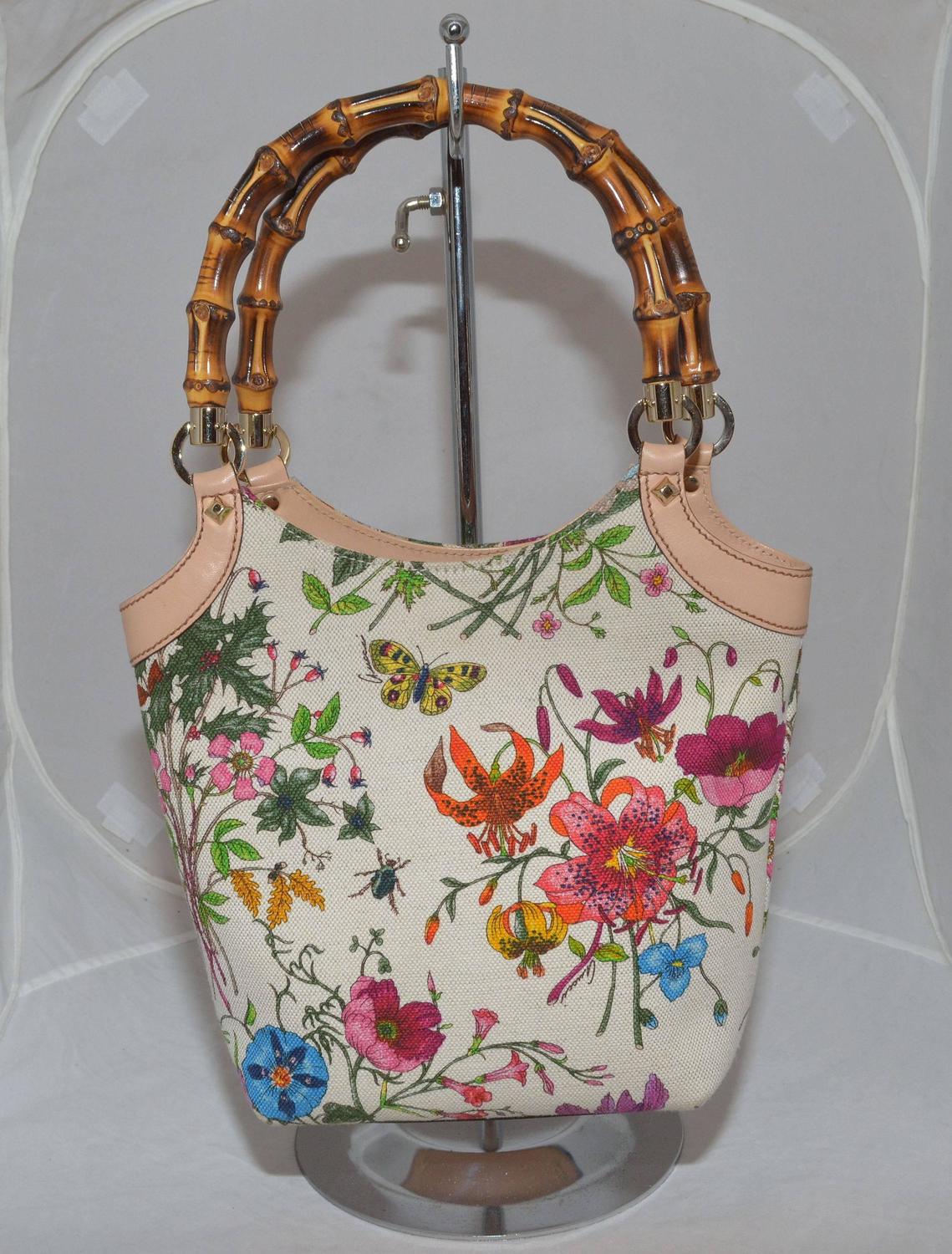 Gucci Blooms Floral and Insect Print Canvas Bamboo Handle Handbag For ...