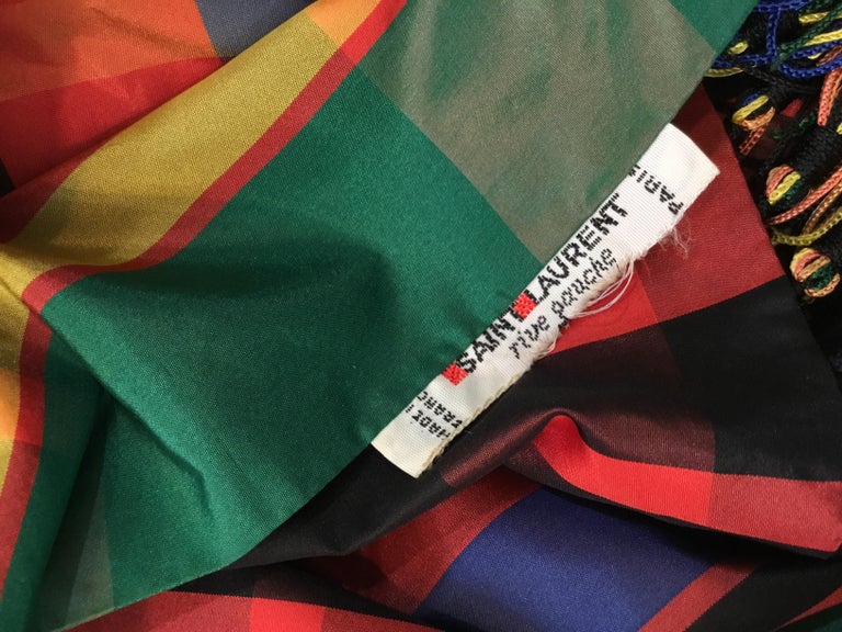 Yves Saint Laurent Tartan Taffeta Vintage Scarf/Shawl with Fringe For ...