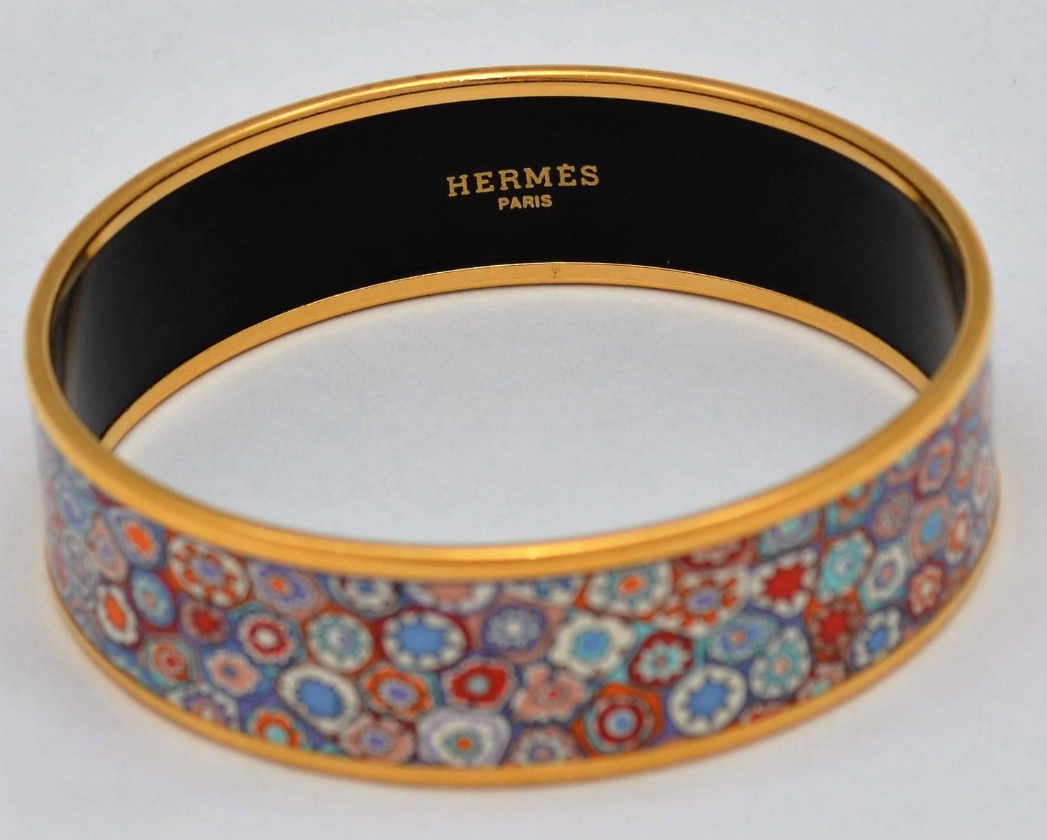 Hermes Paris Multicolor Floral Enamel Print Gold Bangle Bracelet at 1stdibs