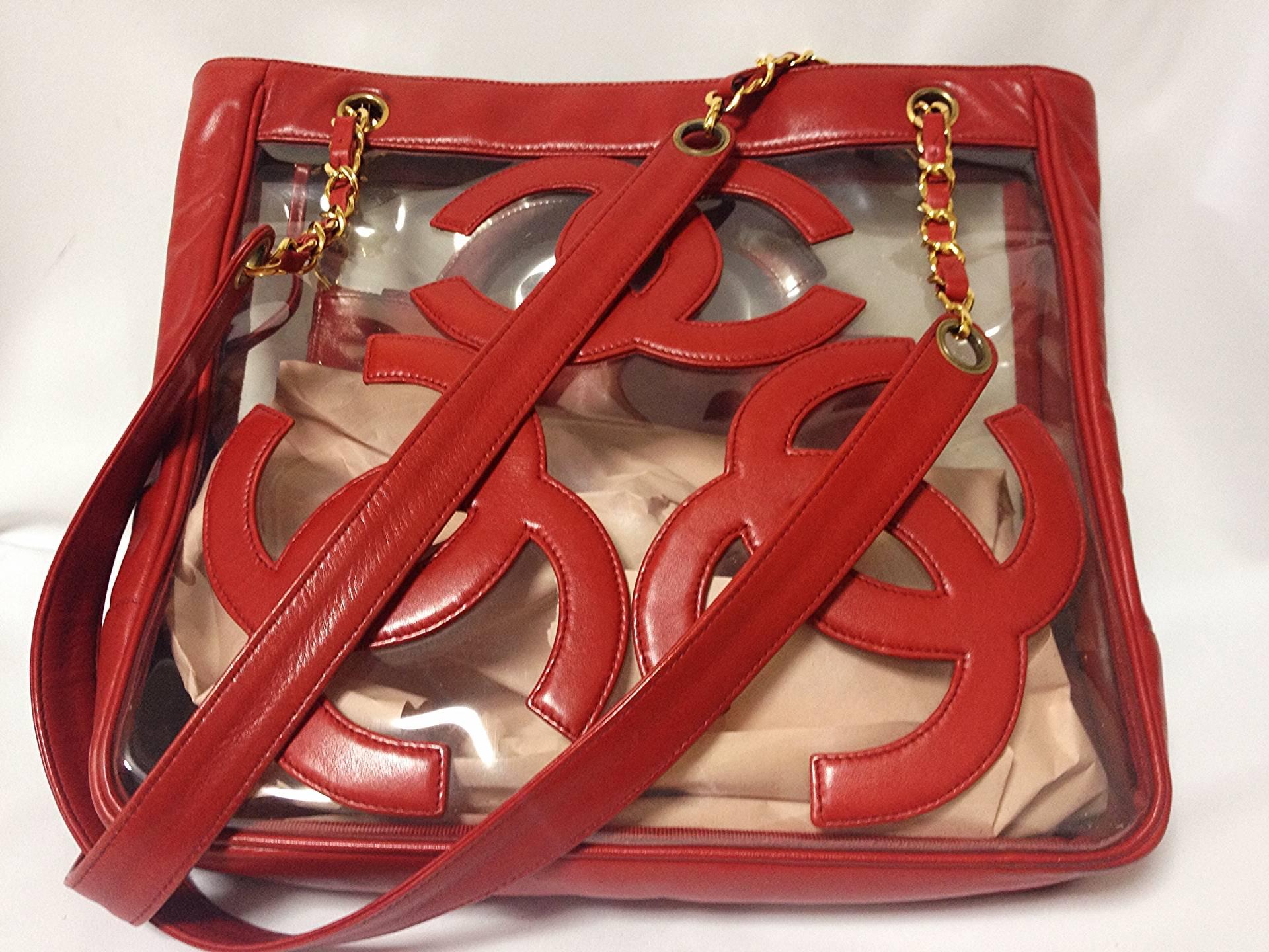 Vintage CHANEL clear vinyl and red leather combination shoulder purse ...